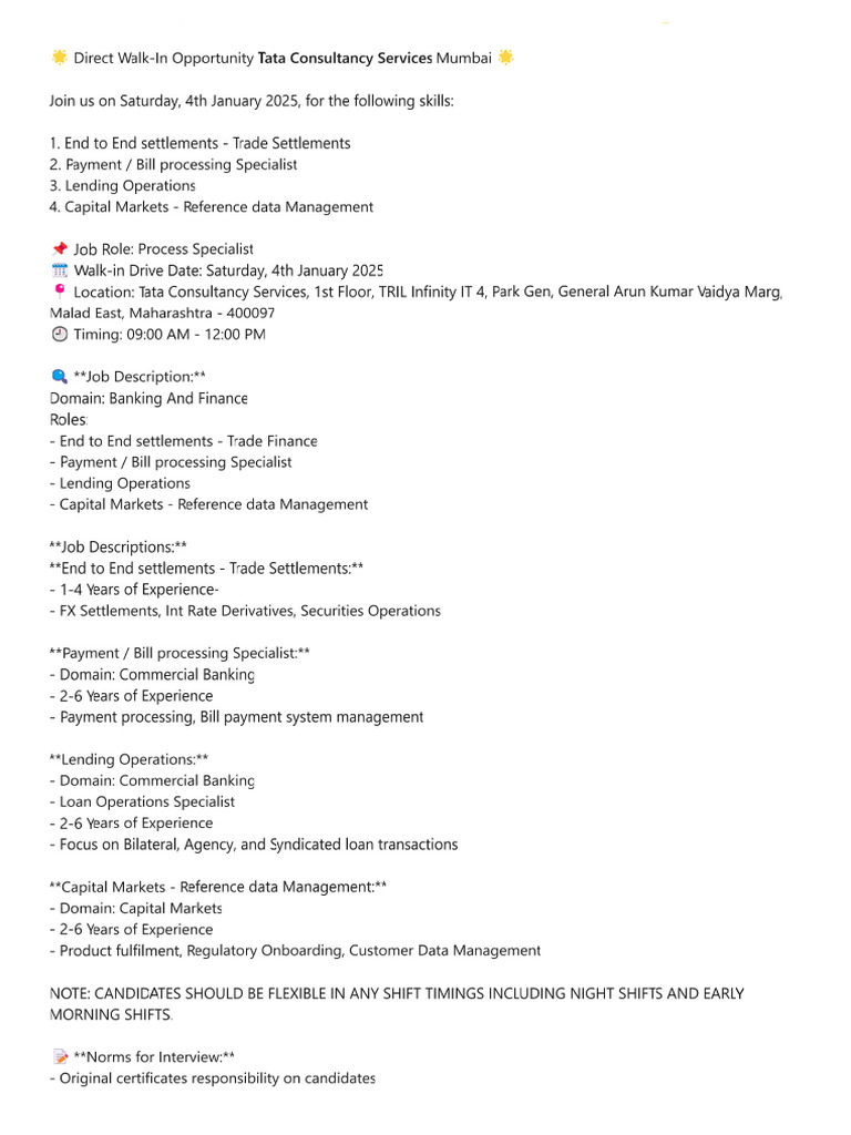 TCS Walk in Interview | PDF