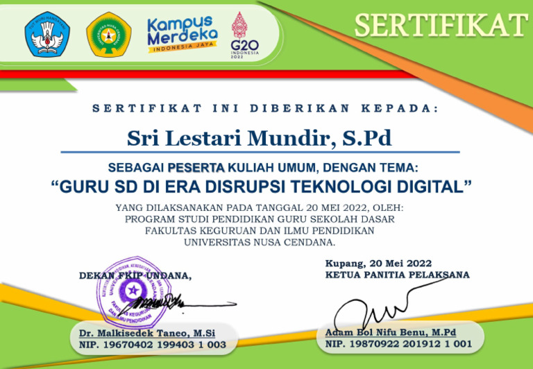 Sri Lestari Mundir, S.PD Sertifikat Kuliah Umum | PDF