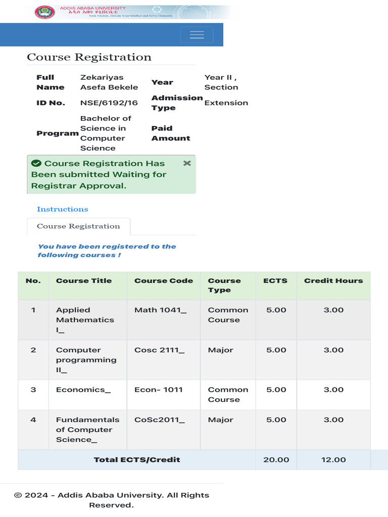 Course Registration - Addis Ababa University | PDF