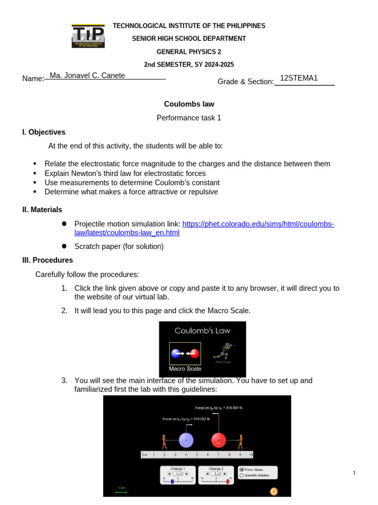 Coulomb's Law Simulation Guide | PDF | Force | Physics