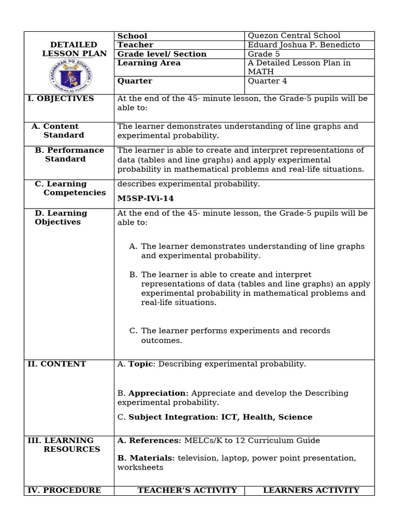 Grade 5 Math Lesson Plan: Probability | PDF | Classroom | Lesson Plan