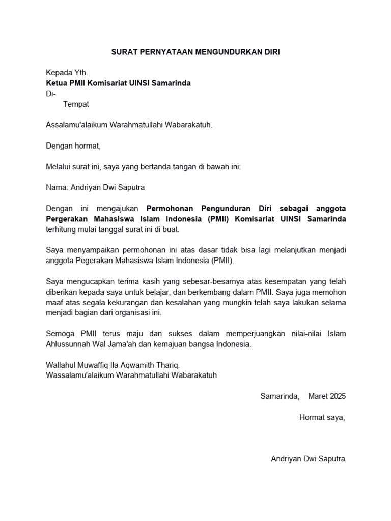 Andriyan - Surat Pernyataan Mengundurkan Diri | PDF