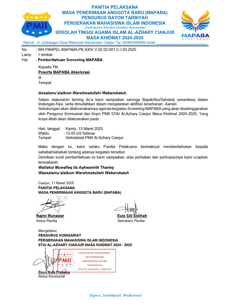 Pemberitahuan Secreening Mapaba | PDF
