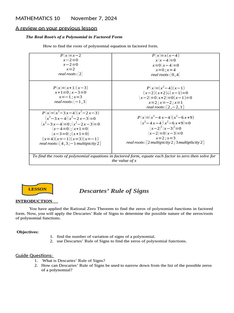 Nov 7 2024 MATHEMATICS 10 | PDF | Zero Of A Function | Polynomial