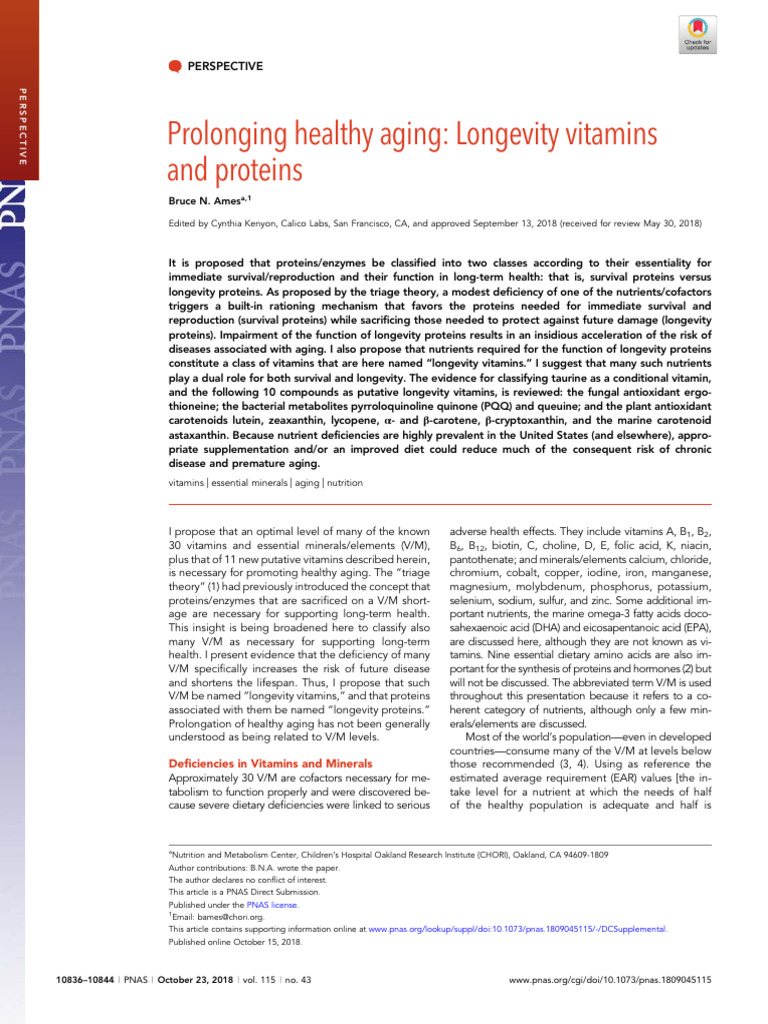 Ames 2018 Prolonging Healthy Aging Longevity Vitamins and Proteins ...