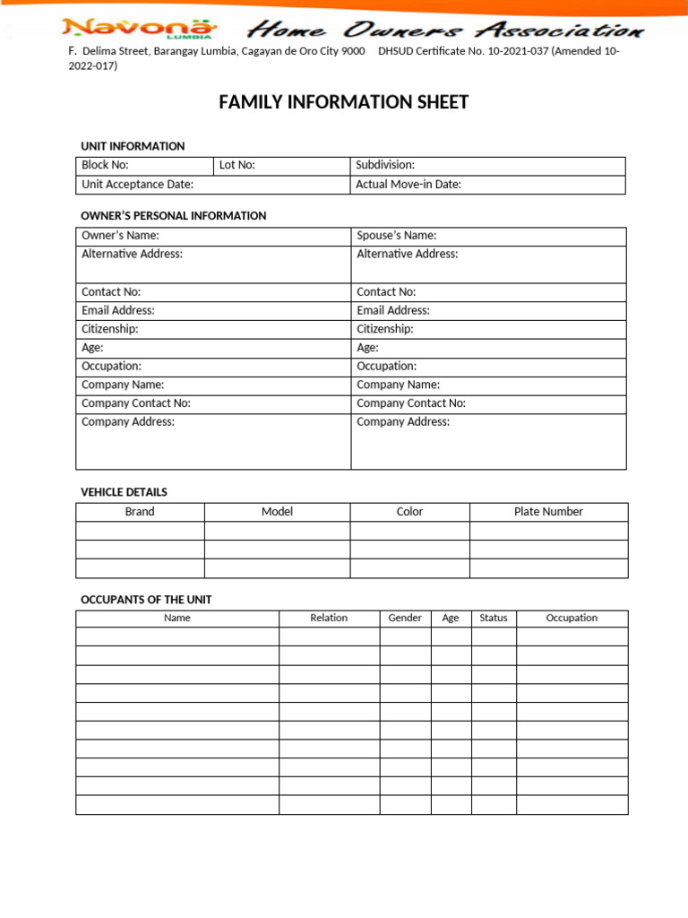 Family Information Sheet Template | PDF | Government And Personhood