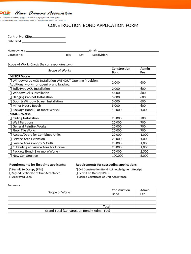 Construction Bond Application Form | PDF