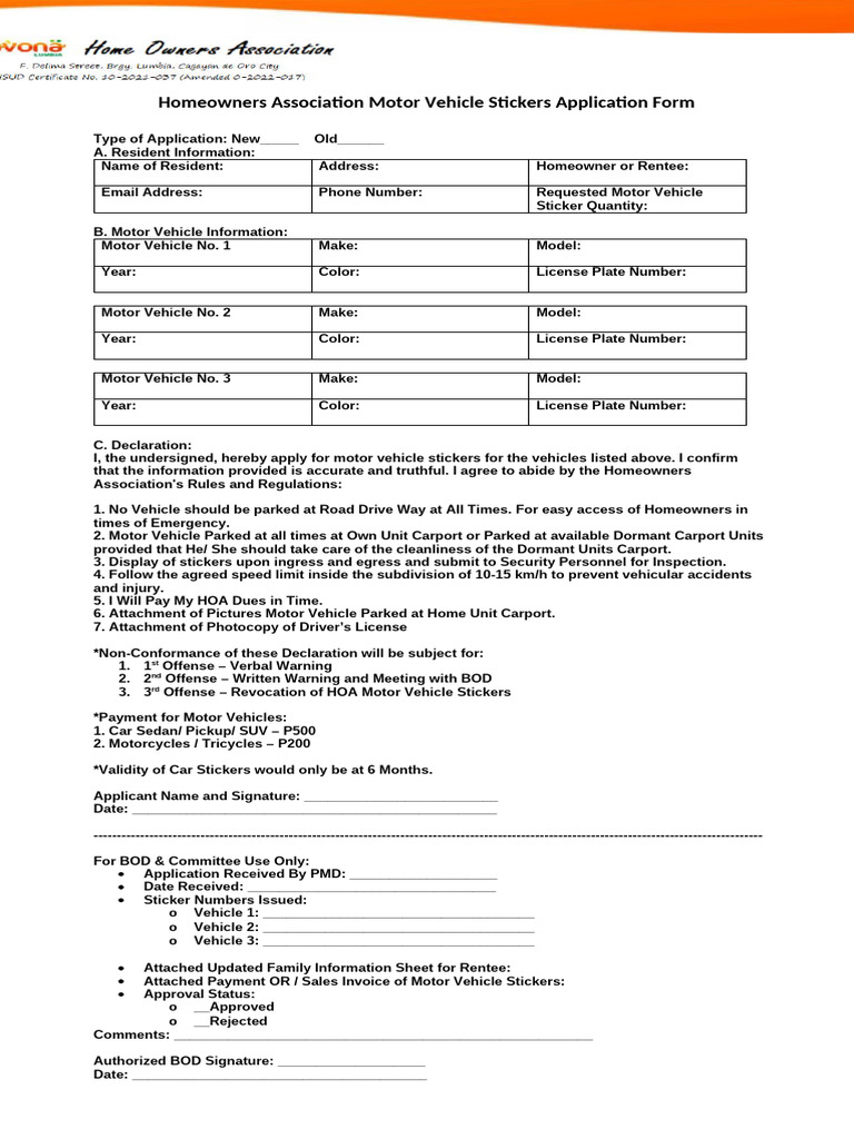 HOA Motor Vehicle Sticker Application | PDF | Vehicles | Vehicle Registration Plate