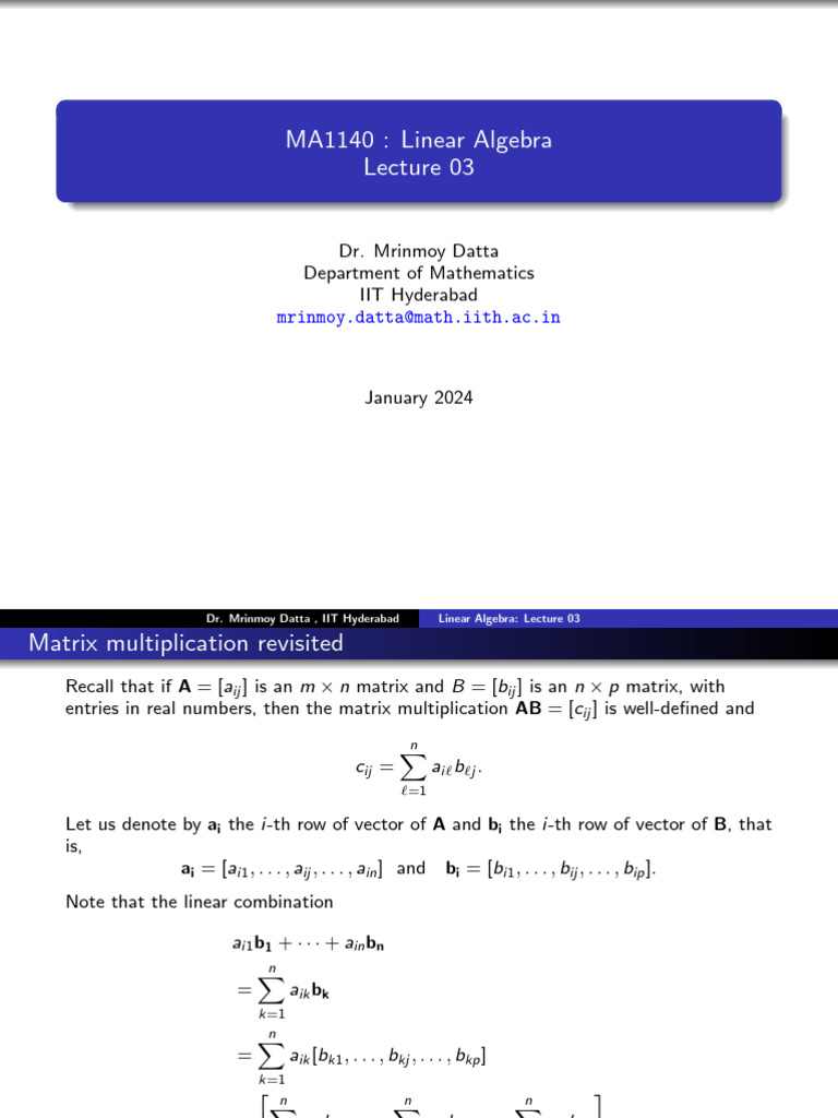Linear - Algebra Lecture 3 | PDF | Matrix (Mathematics) | Operator Theory