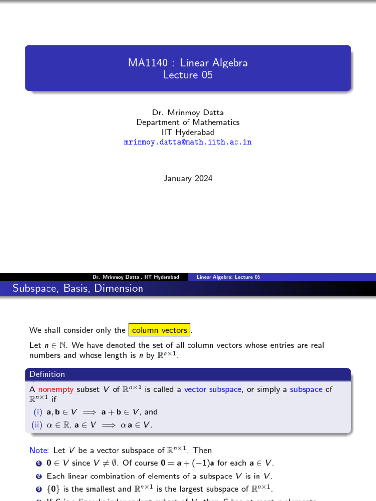 Linear Algebra Lecture 5 Pdf Linear Subspace Basis Linear Algebra