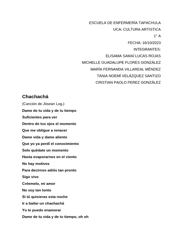 Dame amor: Análisis de Chachachá | PDF