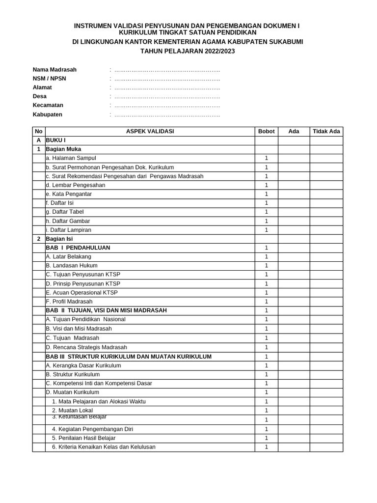 Instrumen Validasi Buku I Kurikulum 2022 2023 | PDF