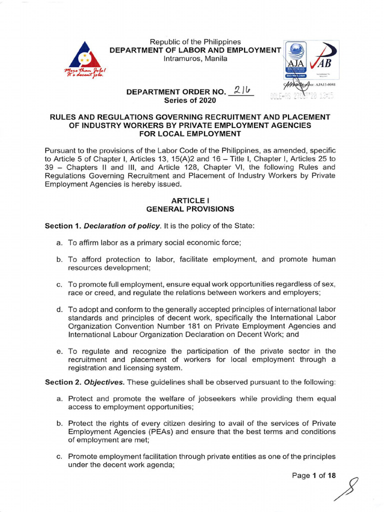 DOLE Department Order No. 216 Series of 2020 Min | PDF