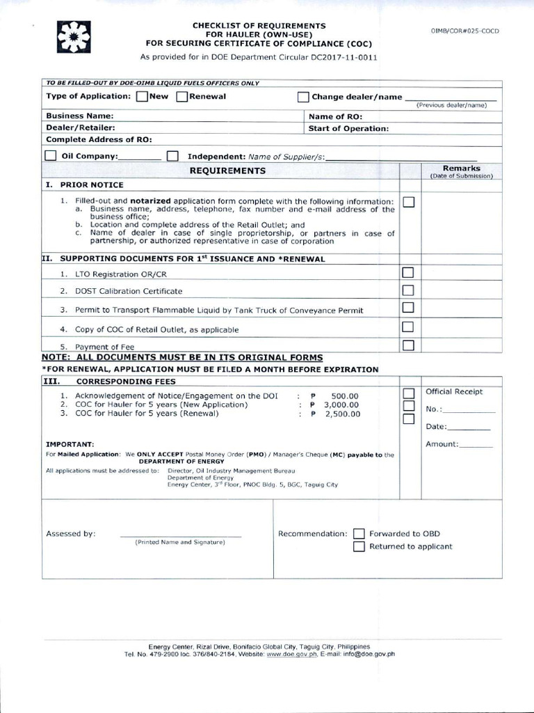 Coc Checklist Requirements Hauler | PDF