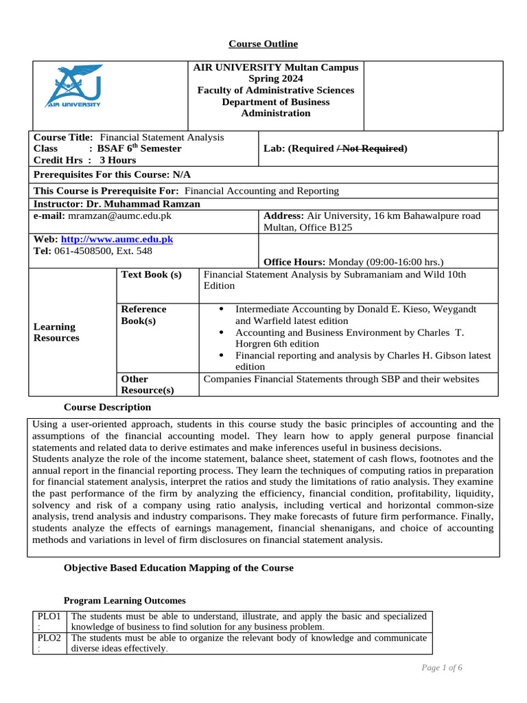 Course Outline FSA, Spring 2024 | PDF | Accounting | Financial Accounting