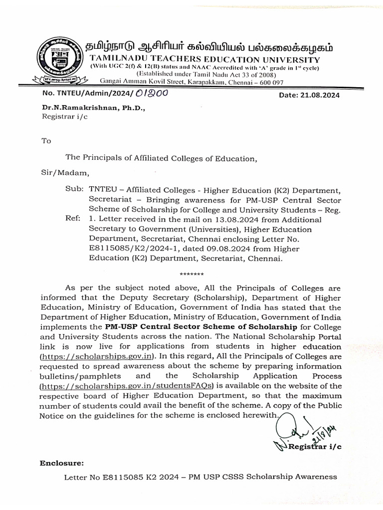 TNTEU - PM - USP Central Sector Scheme of Scholarship - Reg PDF | PDF