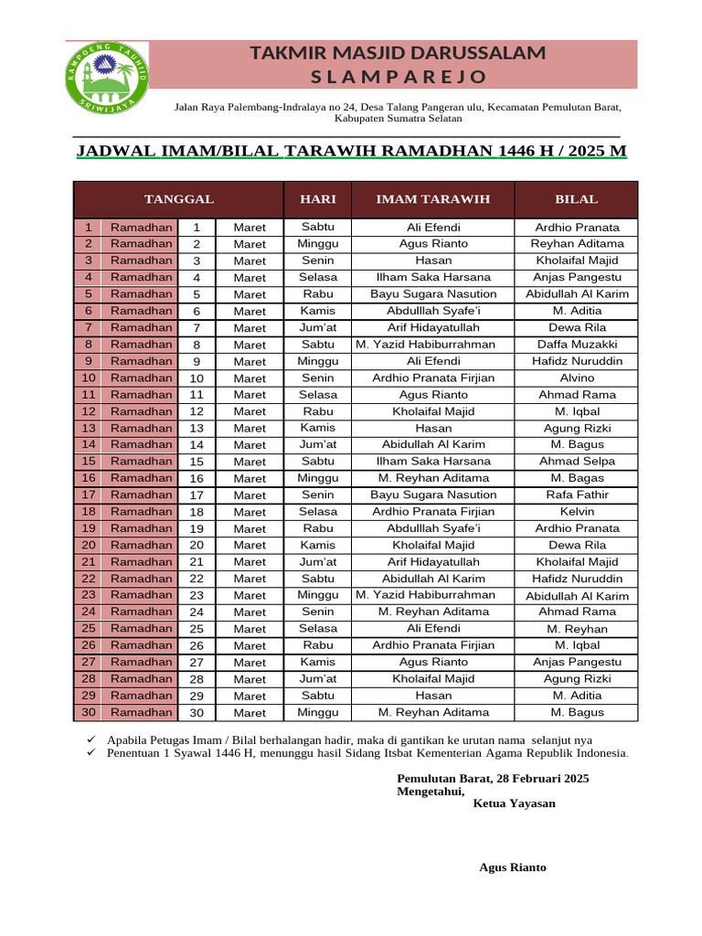 Jadwal Imam Bilal Tarawih 2025 | PDF