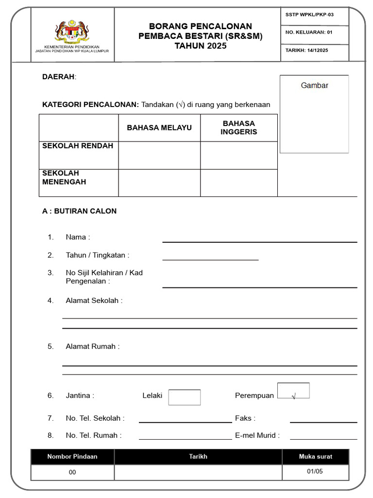 Borang Pencalonan Pembaca Bestari WPKL 2025 | PDF