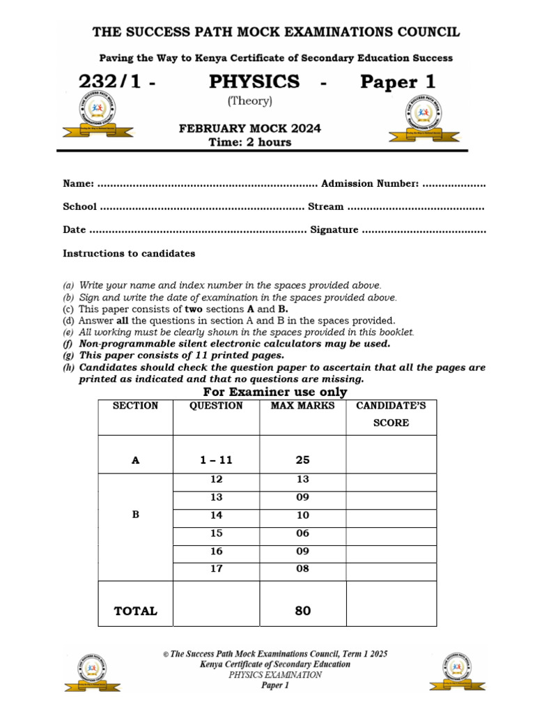 Success Feb 2025 Physics Pp1 Qs | PDF | Force | Scientific Phenomena
