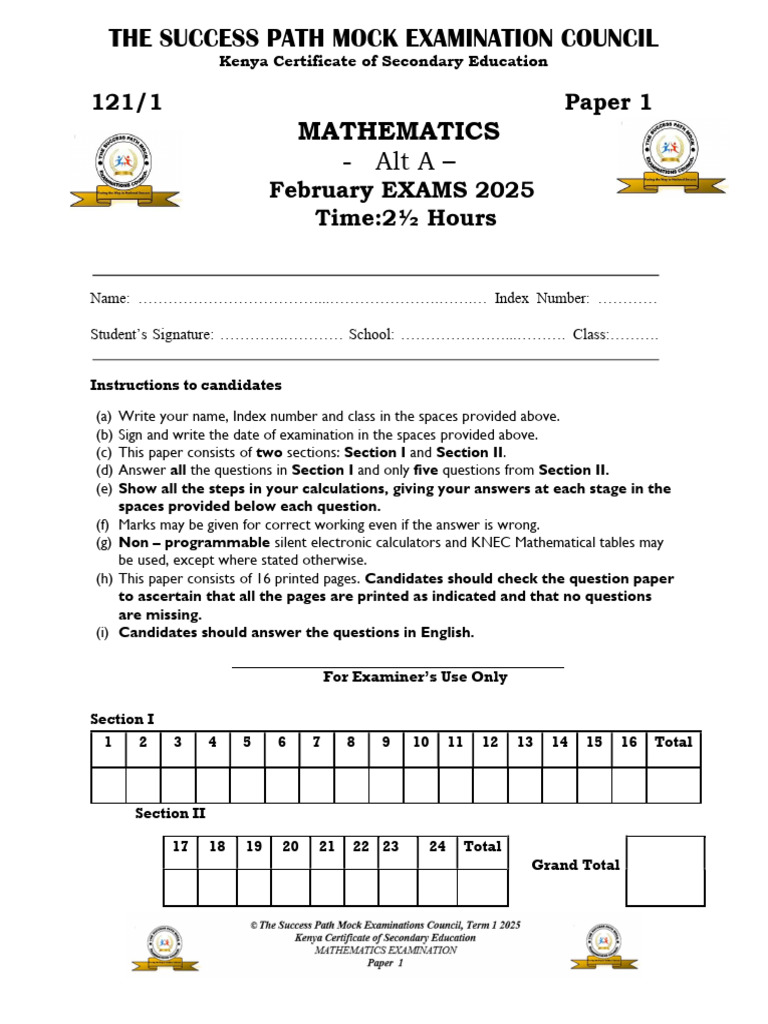 KCSE 2025 Mathematics Paper 1 | PDF | Area | Geometry