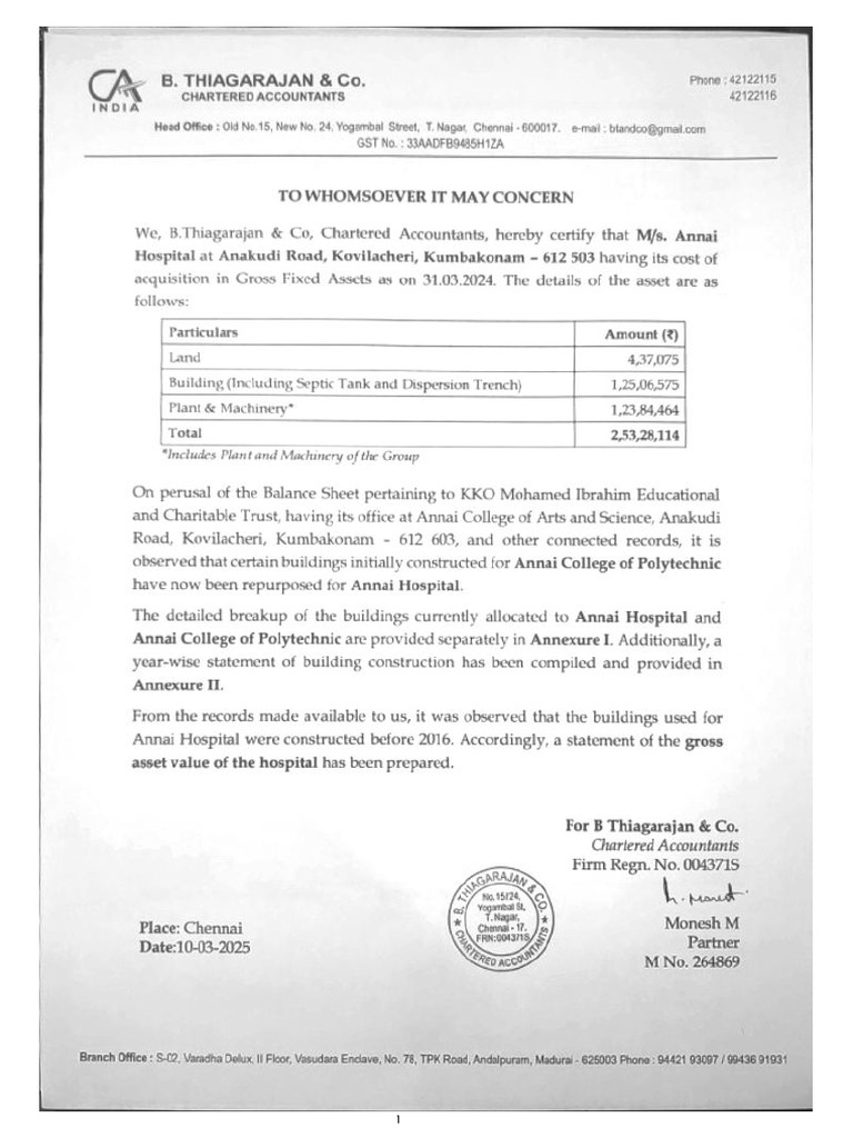 Annai Hospital Gross Asset Certificate | PDF
