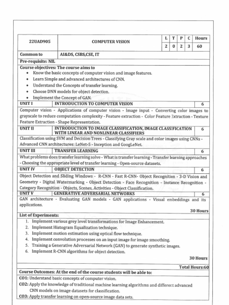 22UAD905-Computer Vision (1) | PDF