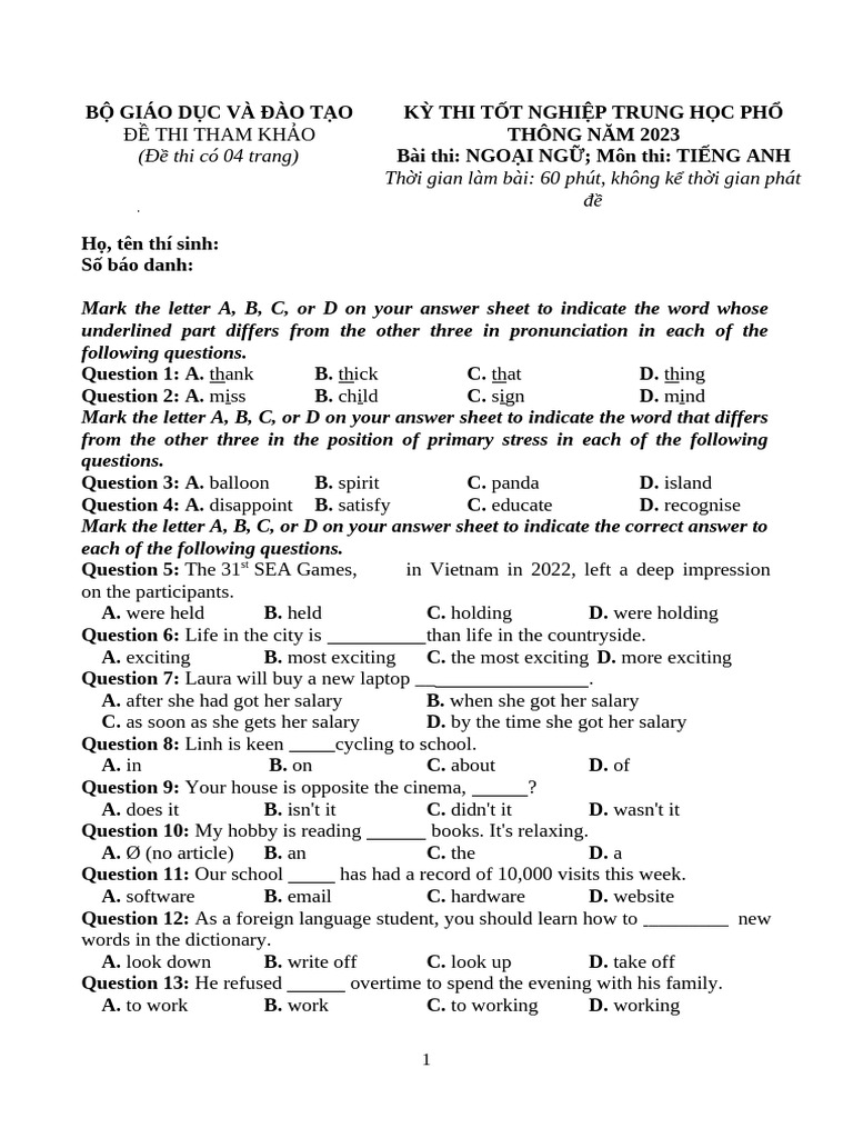 Đề số 0 - Đề minh họa của BGD | PDF | Communication | Adolescence