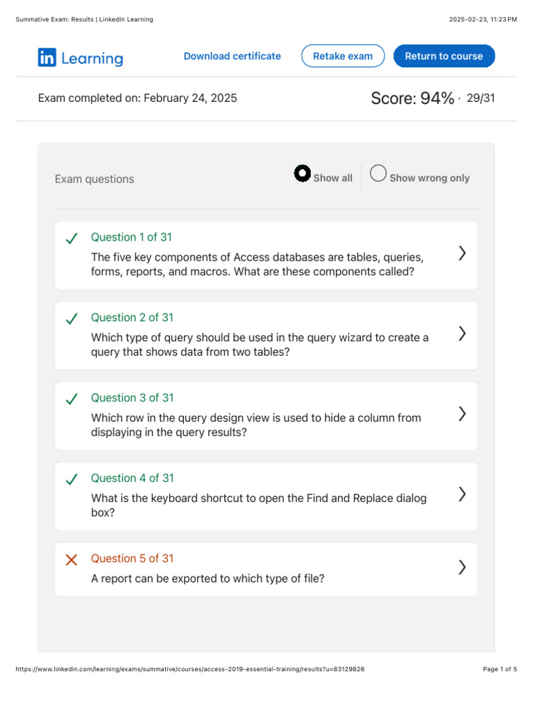 Summative Exam: Results - LinkedIn Learning | PDF | Databases | Table (Database)