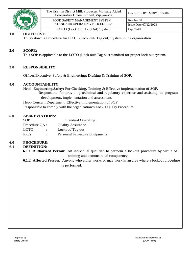 SOP For LOTO Lock Out Tag Out | PDF | Safety