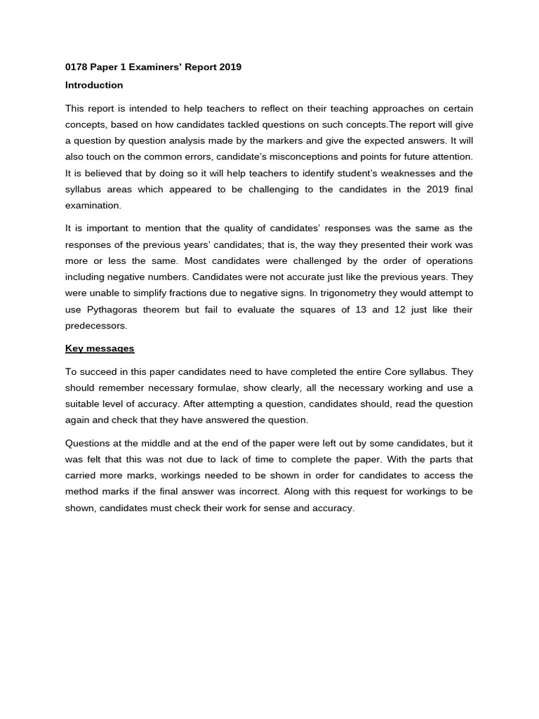 2019 Paper 1 Exam Report Analysis | PDF | Volume | Mean