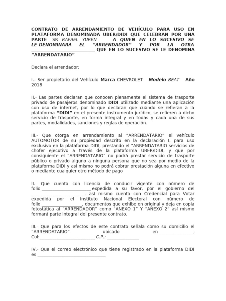 Contrato De Arrendamiento Didi 2025 Pdf