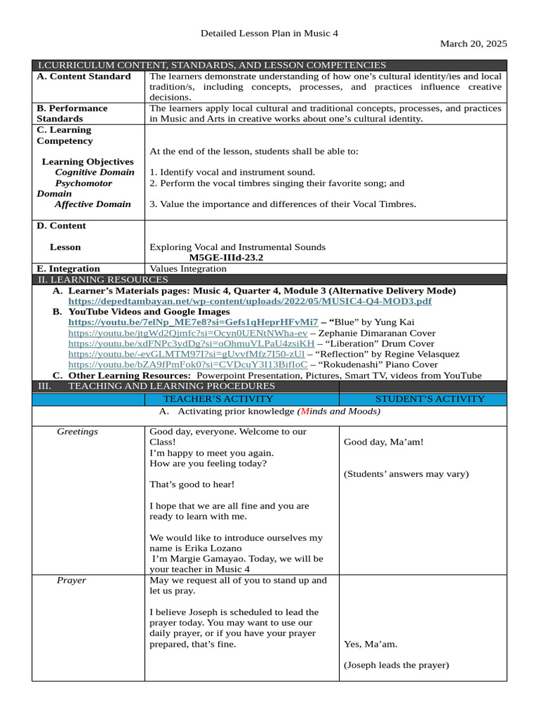 MATATAG Lesson Plan Template | PDF | Human Voice | Singing