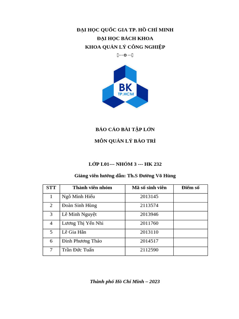 BTL-Quản-lý-bảo-trì-L01-Nhóm-3-HK-232 | PDF