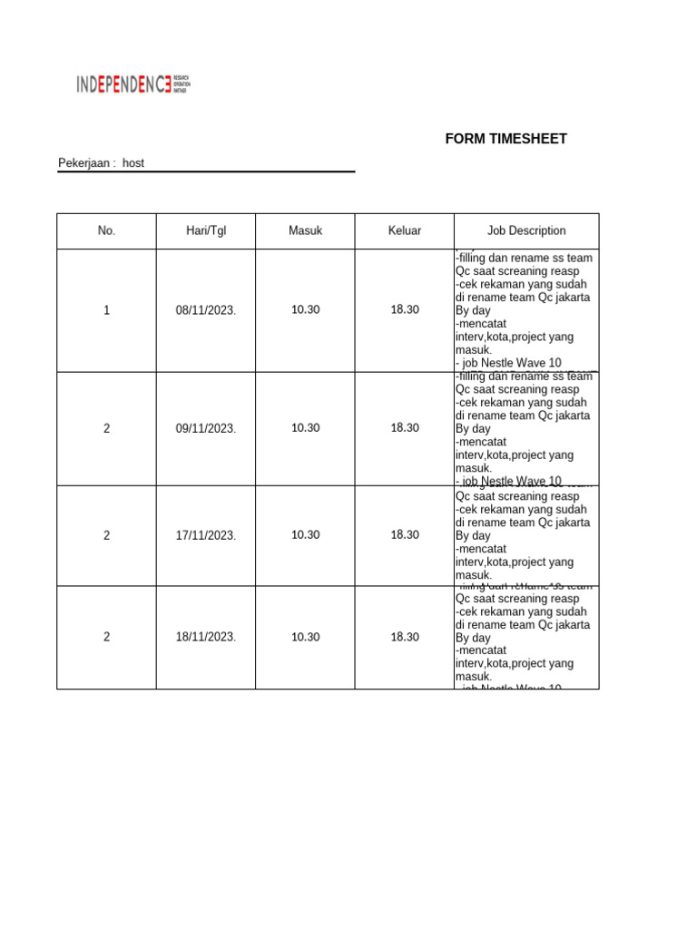 Timesheet Host Devta Untuk TGL 1 Desember | PDF