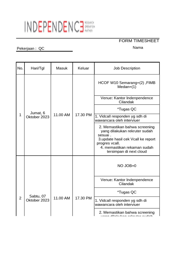 Formulir Timesheet Pekerjaan QC | PDF