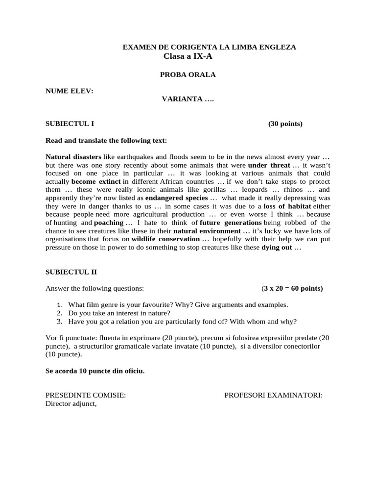 Examen de Corigenta Proba Orala Clasa A Ixa | PDF