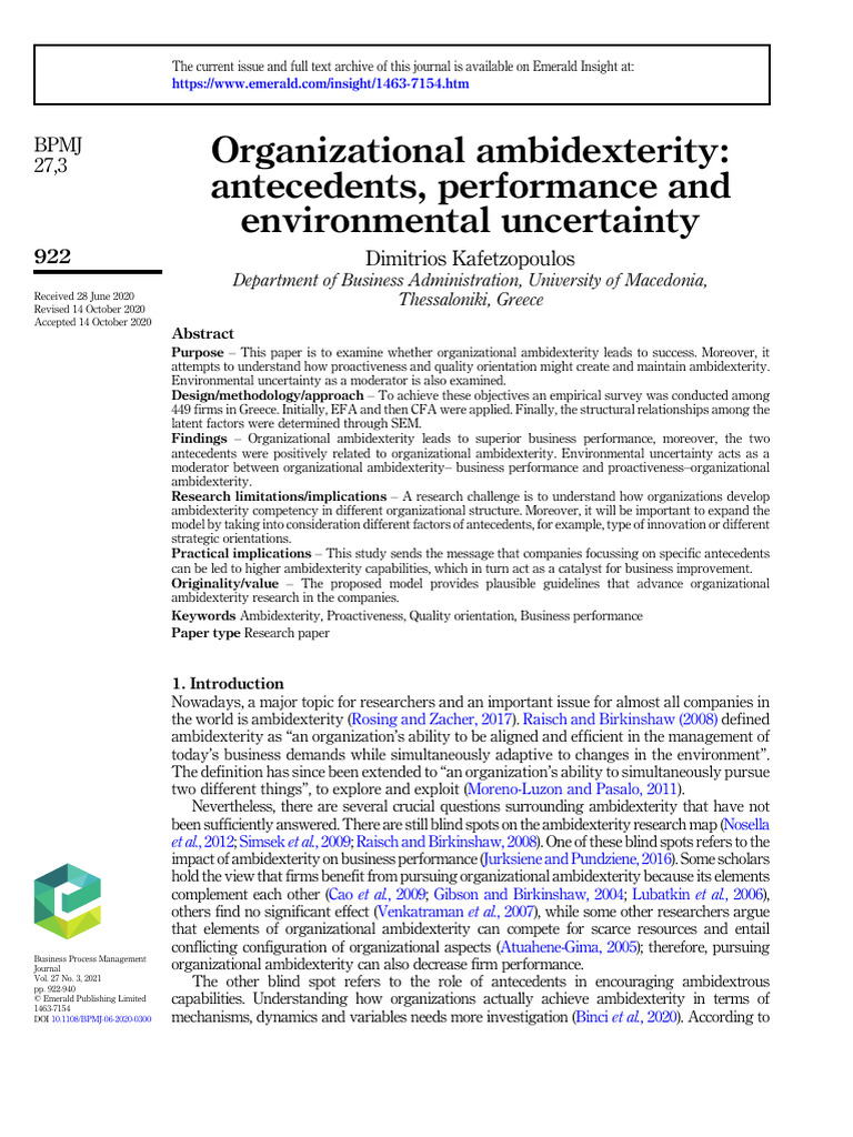 Organizational Ambidexterity: Antecedents, Performance and ...