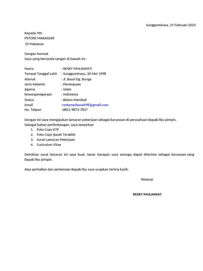 Lamaran Pekerjaan Resky Muliawati | PDF