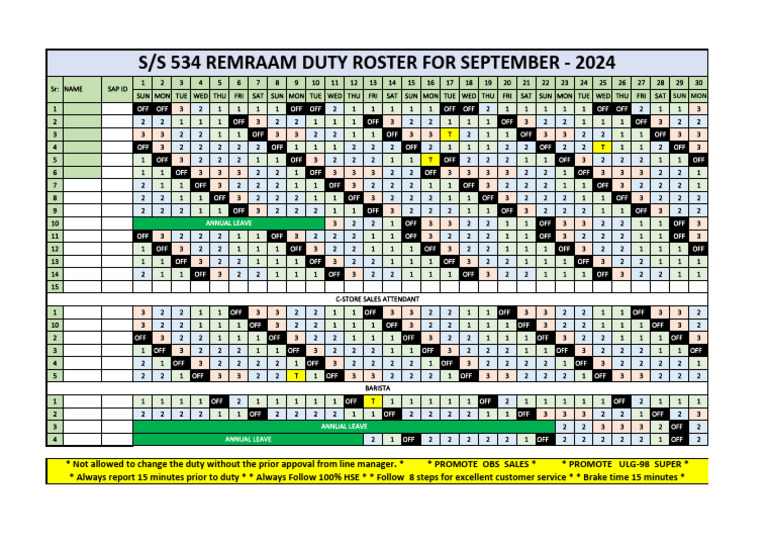 September 2024 Duty Roster Overview | PDF