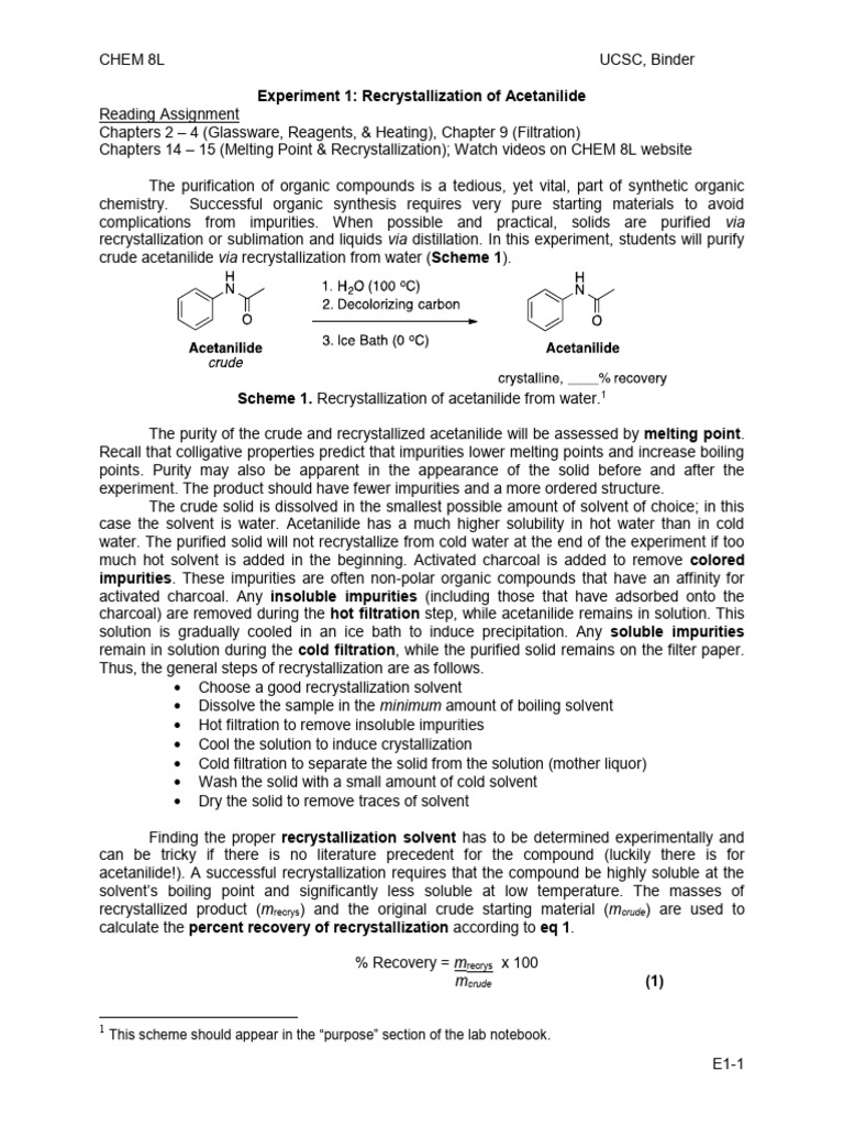 Recrystallization of Acetanilide Lab Guide | PDF | Solubility | Filtration