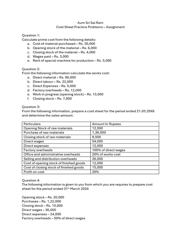 Cost Sheet Problems assignment | PDF | Inventory | Prices