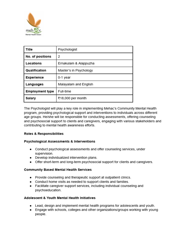 Psychologist - Roles & Responsibilities (1) | PDF | Psychotherapy ...