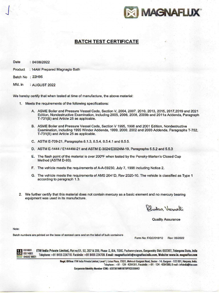 Chemicals Batch Certificate | PDF