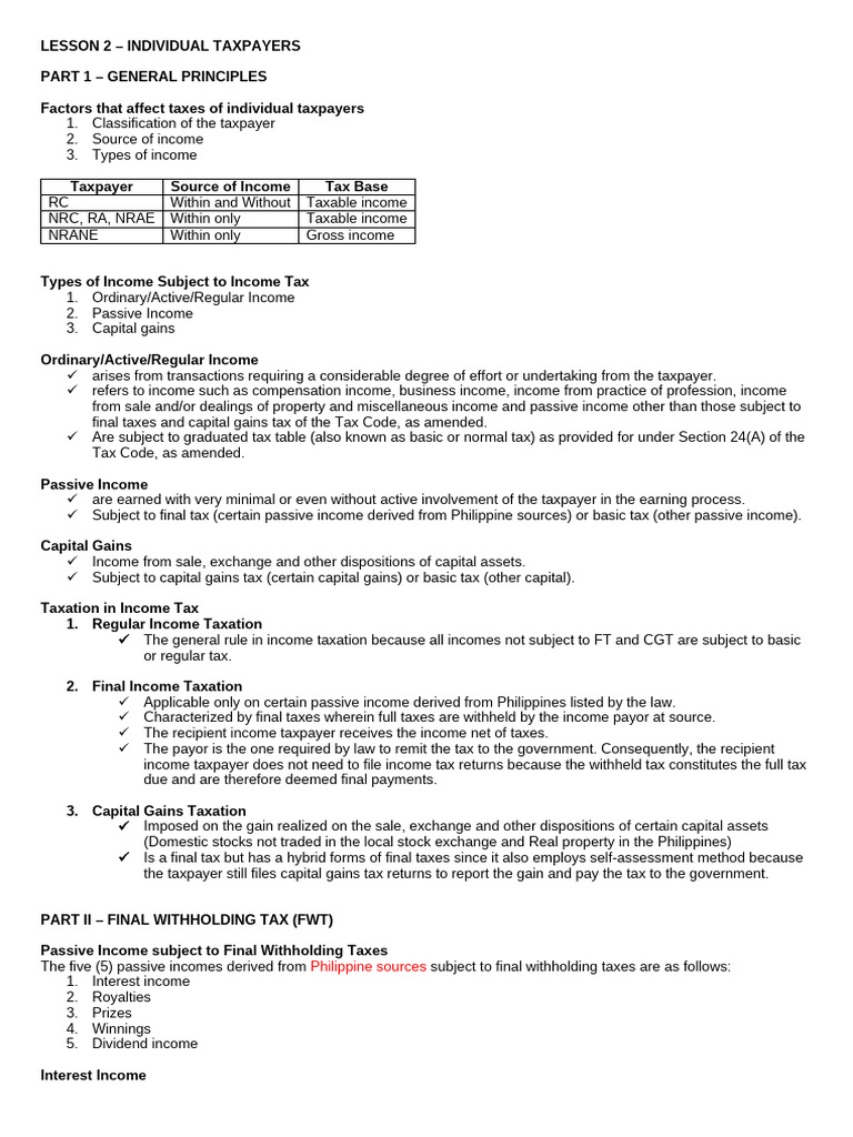 Lesson 2 - Individual Taxpayers | PDF | Capital Gains Tax | Taxes