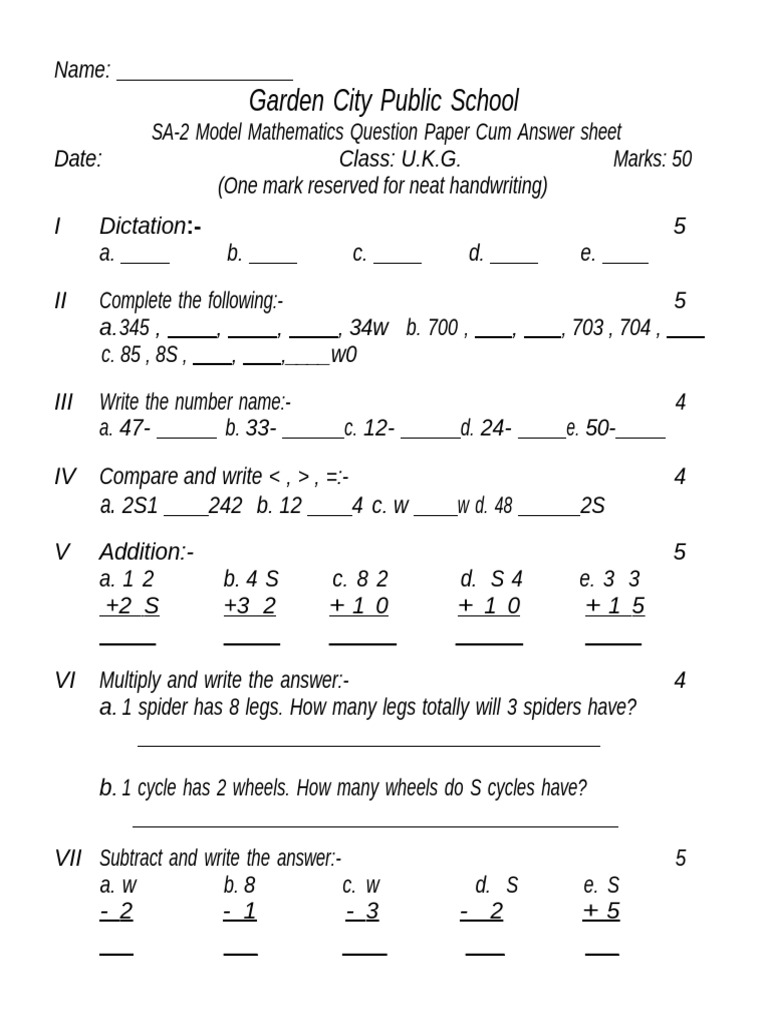 UKG Mathematics Test Paper Model | PDF