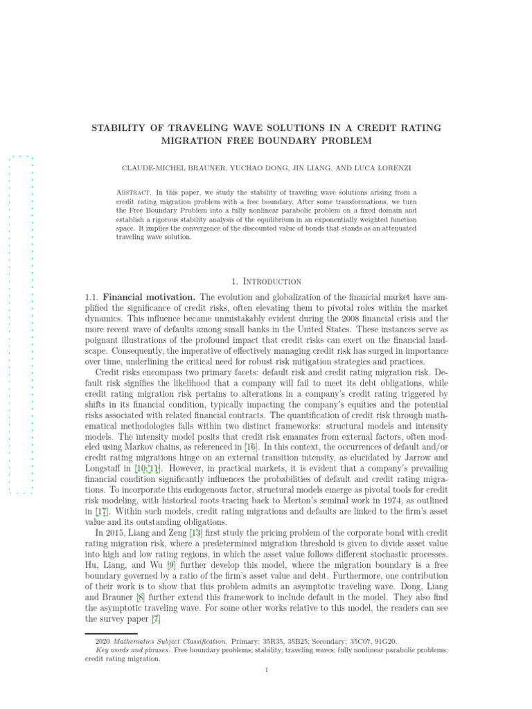 Stability of Traveling Wave Solutions in A Credit Rating Migration Free ...