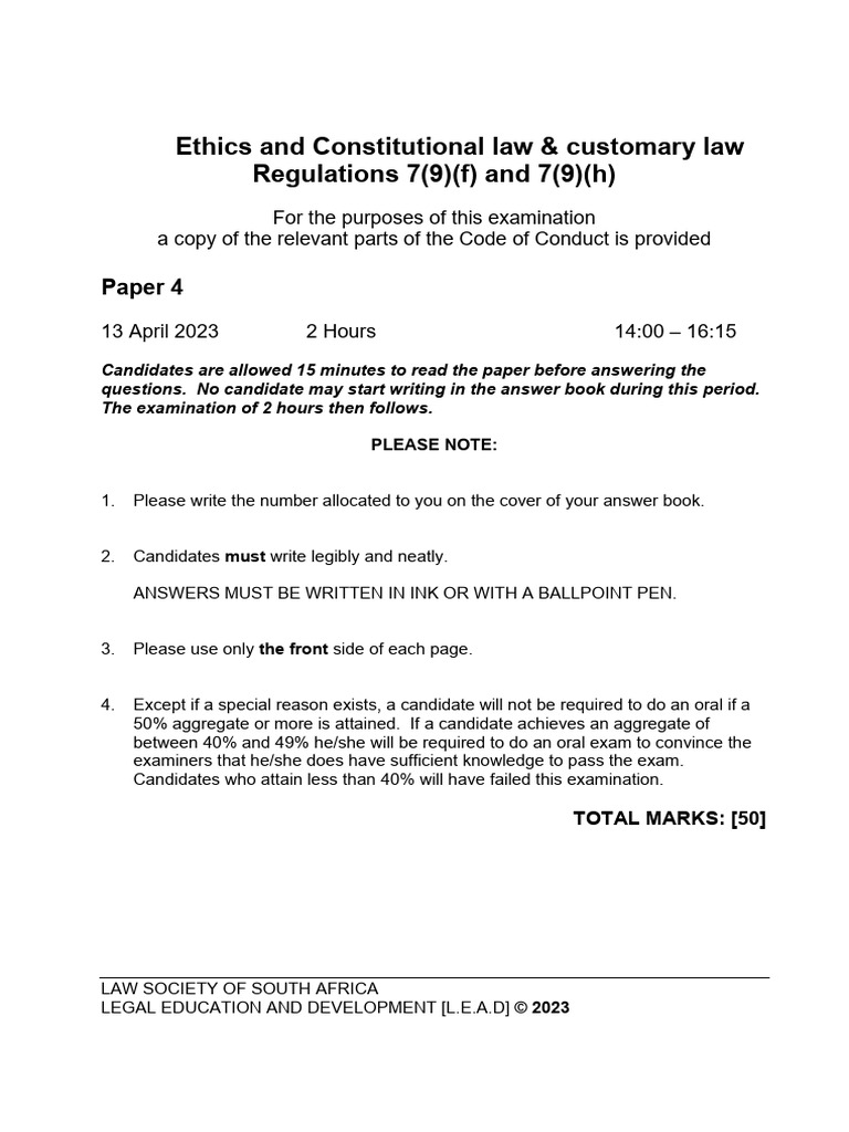 PAPER 4 Ethics Constitutional Law Customary Law F2023 1 | PDF | Common Law | Justice