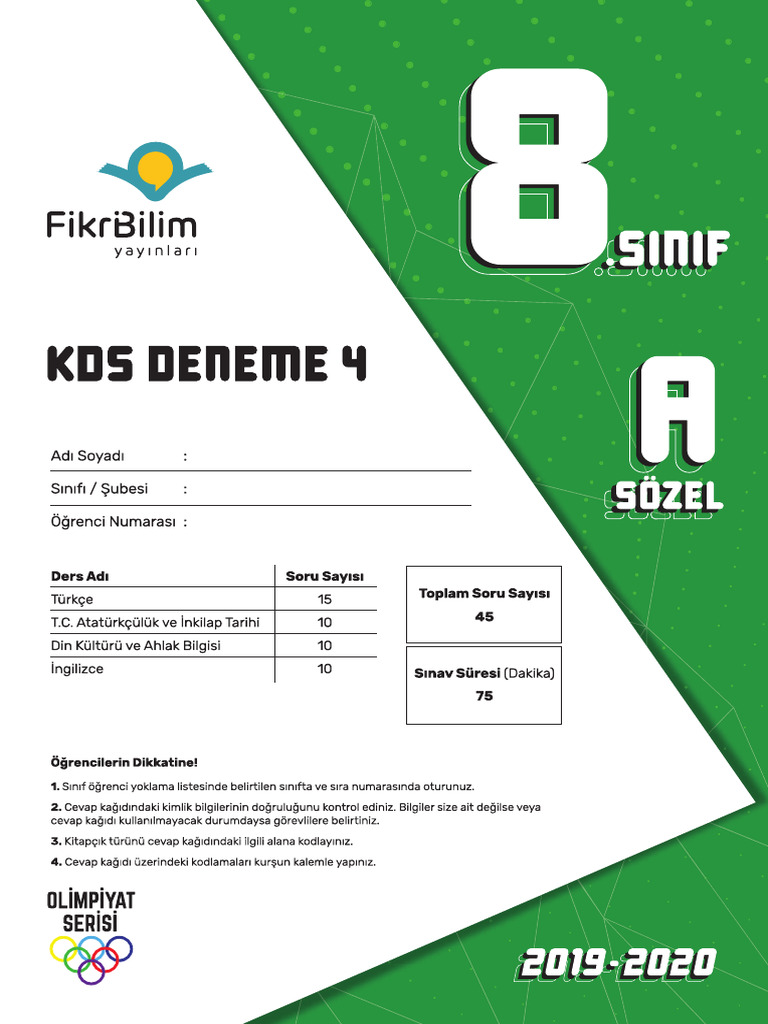 8 Fikri Bilim Yayinlari Deneme Sinavi Sozel Bolum 4 - FENUSBILIM - COM | PDF