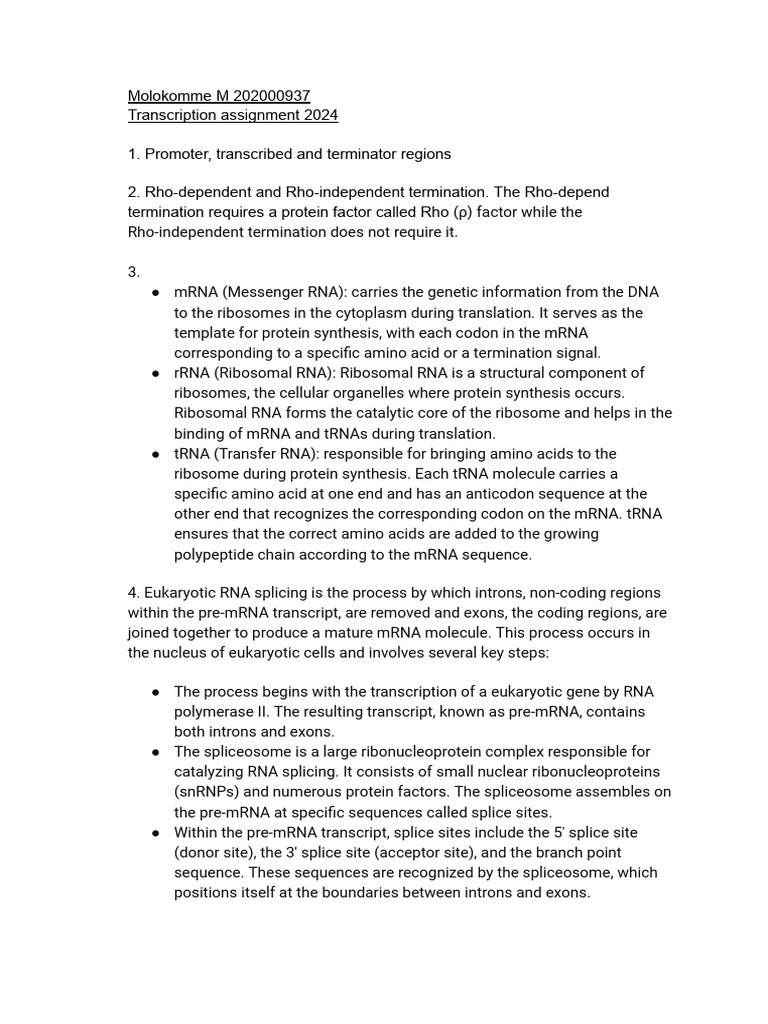 Transcription assignment | PDF | Rna Splicing | Messenger Rna