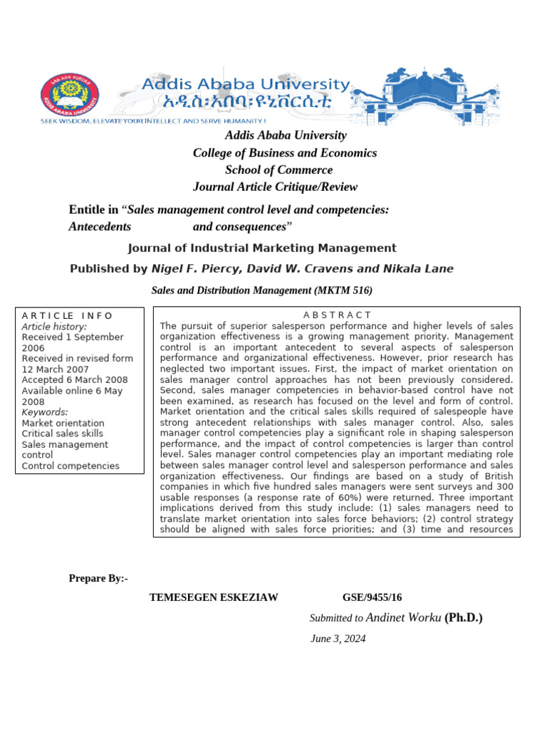 Article Review On Sales Management Control Level and Competencies Antecedents and Consequences ...